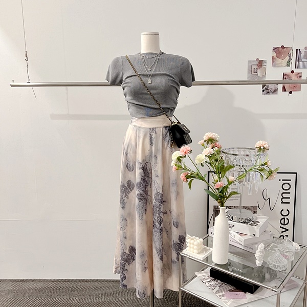 이프유마인 니트팬츠set페미닌 여름 찰떡 크롭 셔링 니트 반팔 블라우스 에스닉 플라워 패턴 밴딩 핀턱 와이드 슬랙스 팬츠 투피스 세트