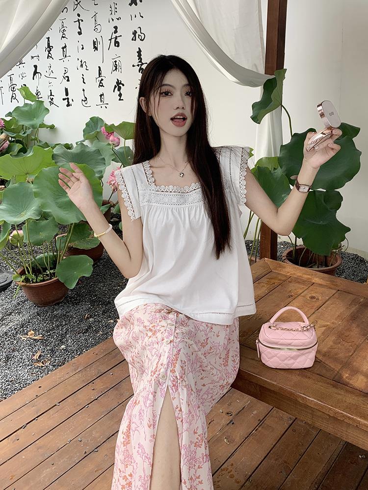 휘뚜루 편해set 여름 나시 Setup 상하세트 셋업 한벌 여성 블라우스 슬리브리스 자수 화이트 민소매 탑 상의 롱치마 꽃무늬 프린트 플라워 30대 40대 여자