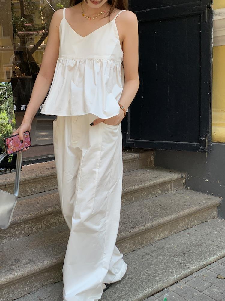 베이지하루 Setup 상하세트 여름 면바지 세트 루즈핏 민소매 긴바지 통바지 팬츠 와이드 셋업 한벌 나시 슬리브리스 뷔스티에 레이어드 커리어우먼 오피스 사무실 직장인 세미룩