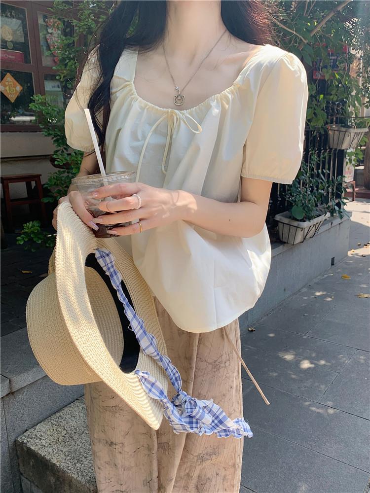 베이지하루 여름 블라우스 여성 유넥 주름 루즈핏 셔링 리본 반팔 탑 상의 이너 심플 베이직 30대 40대 여자 레이디 오피스 사무실 직장인 세미룩 모임 바캉스룩 리조트룩