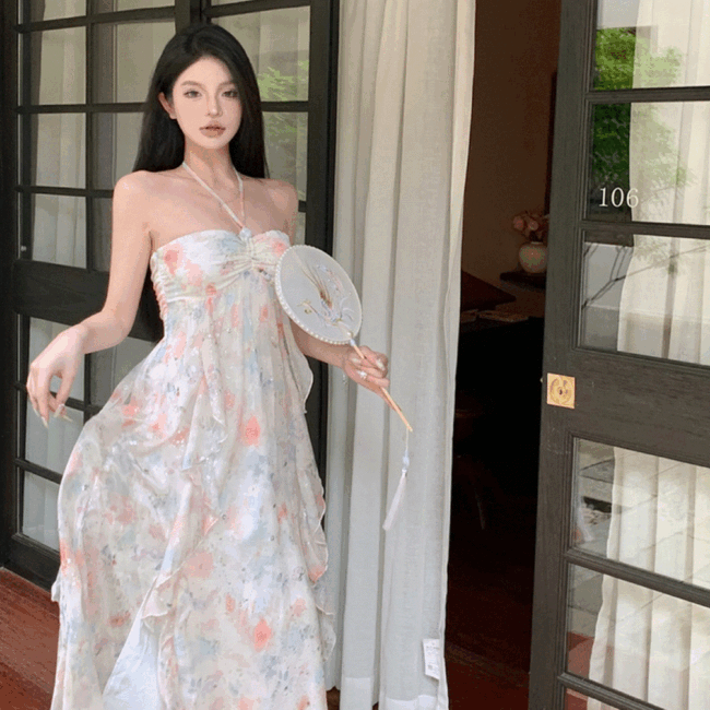 바캉스룩비치원피스 핑크 플로럴 나염 홀터넥 펄 쉬폰 플레어 롱원피스 수채화 플라워 오프숄더 나시 하이웨스트 A라인 맥시롱원피스 여성스러운 하늘하늘 파티드레스 호캉스