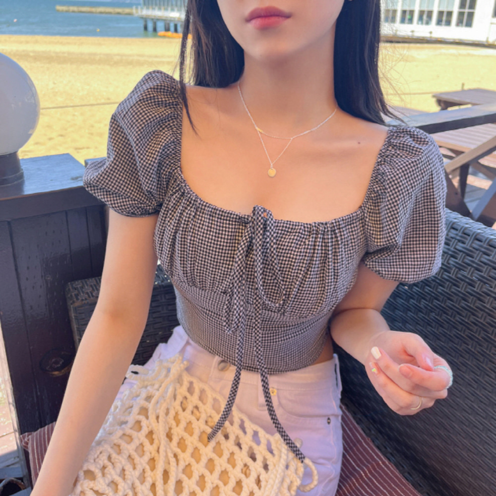 워너비뮤즈 무배🚀 남심저격💘허리잘록~ 2way 하이틴 고방 체크 스퀘어넥 블라우스 오프숄더 스모크 허리 밴딩 퍼프 셔링 리본 스크링 크롭 반팔 3color