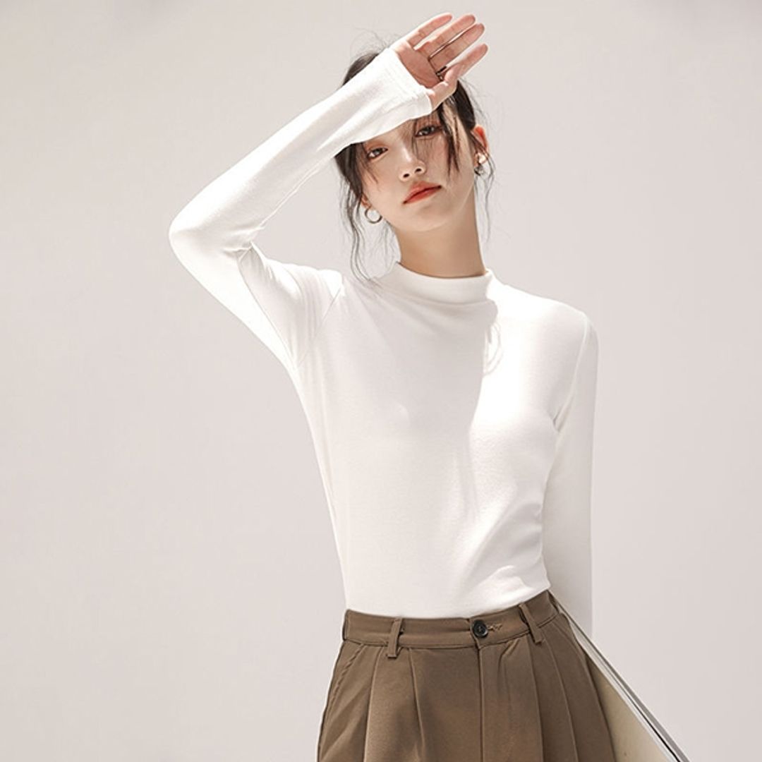 여성 모던 베이직 반 폴라 4 컬러 이너 긴팔티 Lkt9517 티셔츠 긴팔 목 크롭 티 마롱 패션