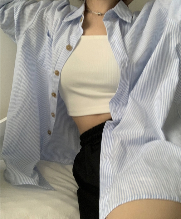 여름 셔츠 찐득함 없는 여름 의류 데일리룩 일상 단추 카라 와이셔츠 스트라이프 와이드한 루즈핏 여성 여름의상 기본템 꾸안구