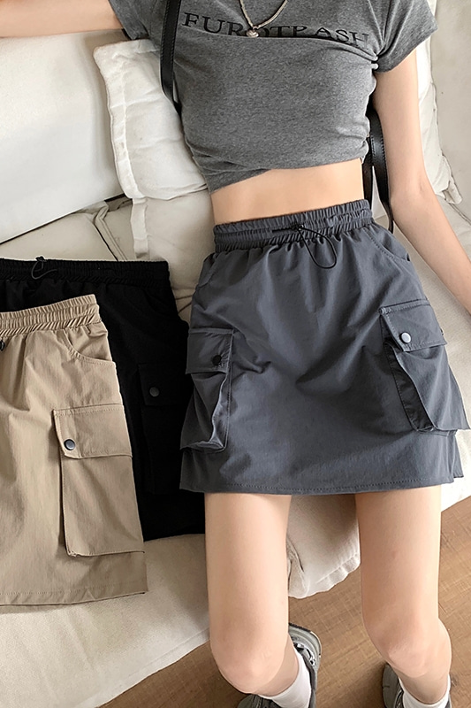 하프닌 3colors 텐업 밴딩 고무줄 허리조절 카고 바스락 하이웨스트 A라인 캐주얼 유니크 스트릿 Y2k 장마철 여름 썸머 미니 스커트