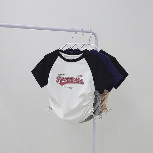 룸제이 11할인길이조절oy2k골반티유니크힙허리잘록꾸안꾸룩 크림슨 슬림핏 배색 나그랑 밑단 굴림 언발 빈티지 프린팅 나염 옆 셔링 스트링 크롭 반팔티