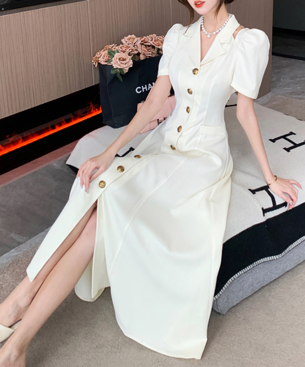자켓형 롱원피스 카라넥 퍼프 볼륨소매 반팔 앞단추 슬립핏 세미 A라인 롱원피스 수트 정장 아이보리 블랙 우아한 깔끔한 단정한 결혼식 하객룩 예식장 사무실 오피스 출근룩