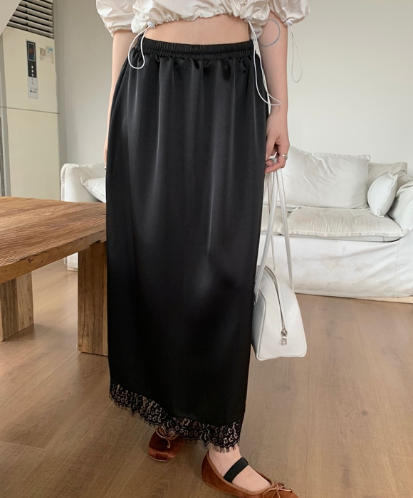 에이퍼플 소녀 치마 롱 기장 긴 레이스 치마 허리 밴딩 편안한 스타일 여름치마 시우너한 2023 깔끔한 레이어드 블랙 레이스 원단 여성스러운 프릴