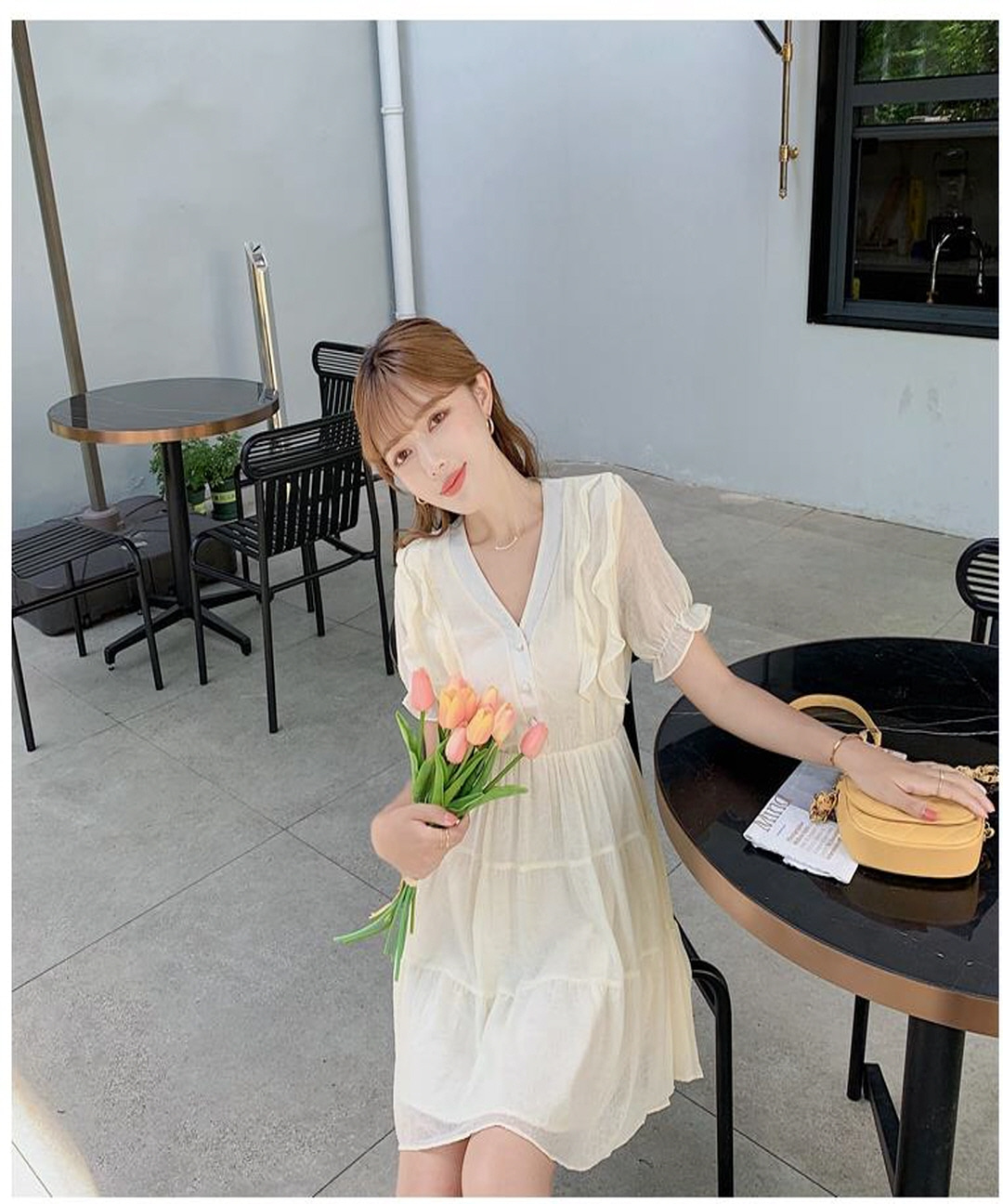 미니 원피스 쉬폰 여름원피스 여자 여성 반팔 슬림 셔링 주름 프릴 밴딩 A라인 플레어 봄 간절기 결혼식 피로연 하객룩 상견례