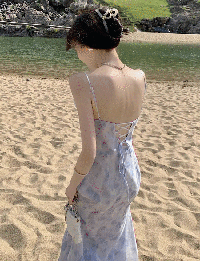 레드베리 여름 신상 하늘하늘 꽃무늬 나시 끈 서스펜더 원피스 섹시 백리스 쉬폰 롱드레스 여리핏 청순 여신 잘록허리 소라 플라워