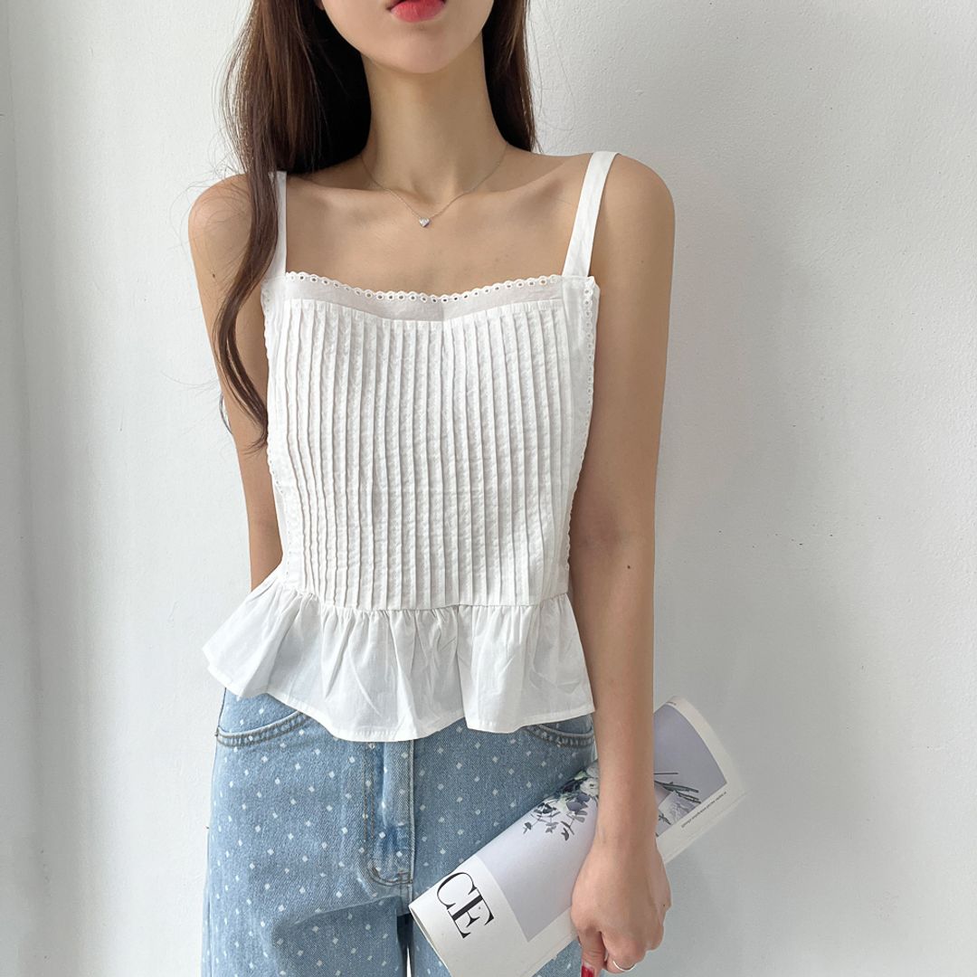 레이스 핀턱 주름 프릴 셔링 루즈핏 나시 블라우스 휴양지룩