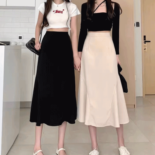플레어스커트 여름스커트 세미정장스커트 여름신상 뒷밴딩 하객룩 러플 하이웨스트 트윈룩 자매룩 톤온톤 베이지톤 롱다리 여리여리 여신룩 차르르 미디스커트 썸머스커트 여름치마