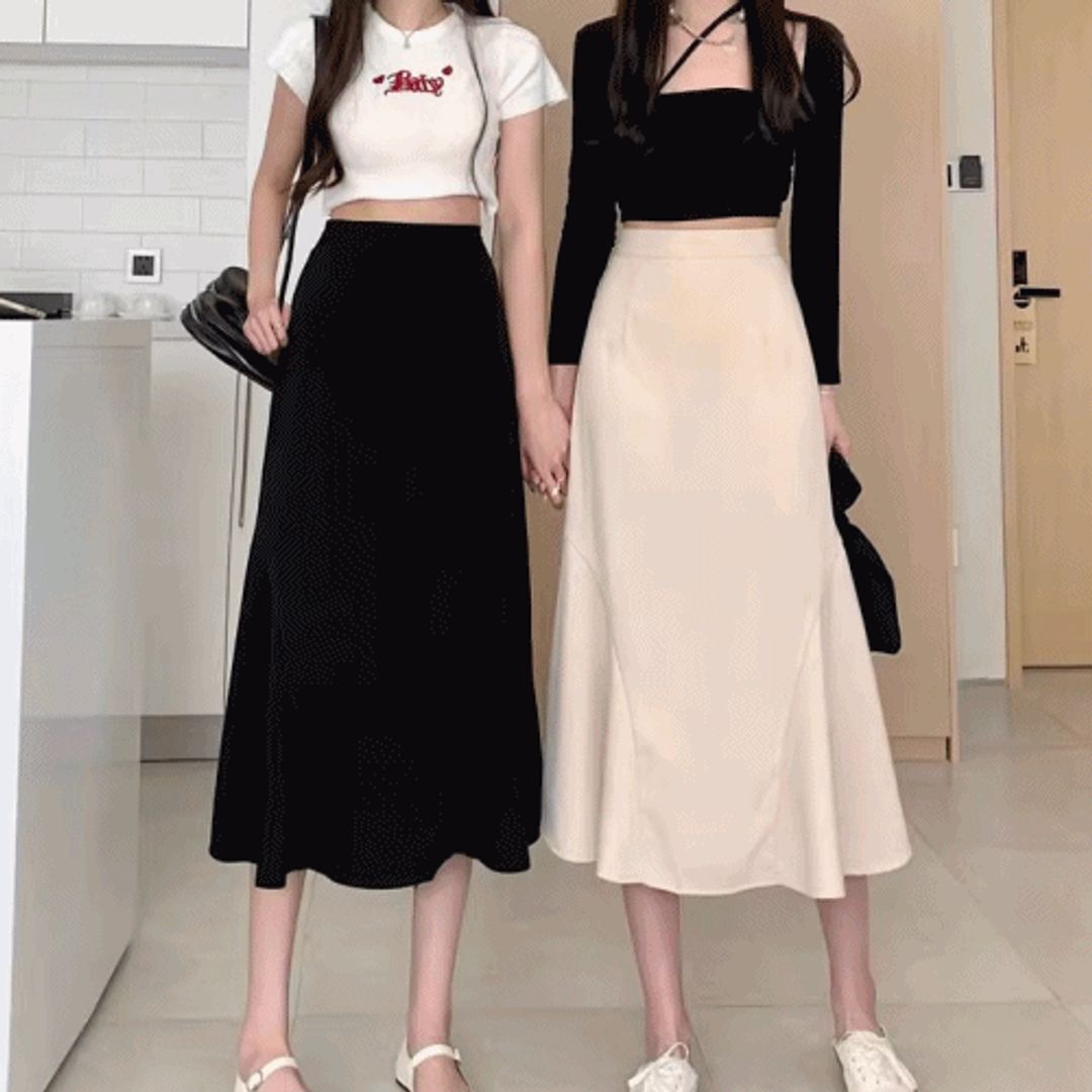 플레어스커트 여름스커트 세미정장스커트 여름신상 뒷밴딩 하객룩 러플 하이웨스트 트윈룩 자매룩 톤온톤 베이지톤 롱다리 여리여리 여신룩 차르르 미디스커트 썸머스커트 여름치마