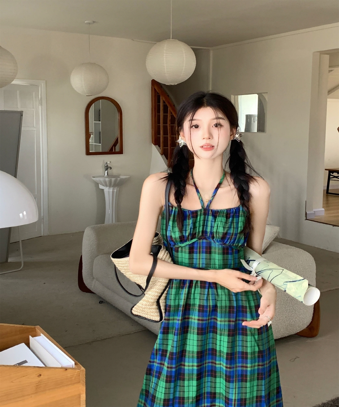 베이지하루 체크 뷔스티에 롱원피스 나시 민소매 서스펜더 여름원피스 리본 셔링 봄 간절기 여성 여자 슬리브 레이어드 캐미솔 어깨끈