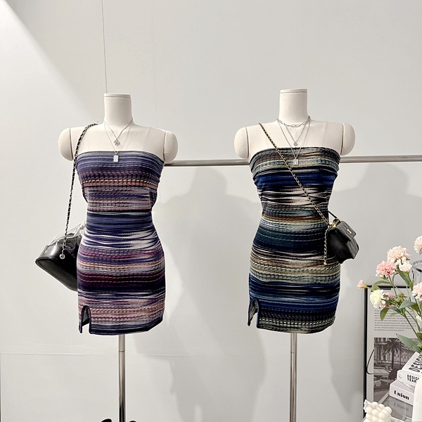 이프유마인 당일발송 페미닌바캉스룩 여름 니팅 배색 단가라 스트라이프 밴딩 오프숄더 튜브탑 슬리브리스 레이어드 이너 A라인 플레어 셔링 프릴 슬립 니트 나시 미니