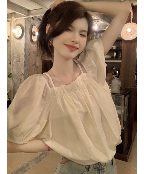 스퀘러넥 홀터넥 끈 프렌치 퍼프 슬리브 반팔 셔츠 블라우스 벌룬 스타일 깔끔한 여성스러운 무드