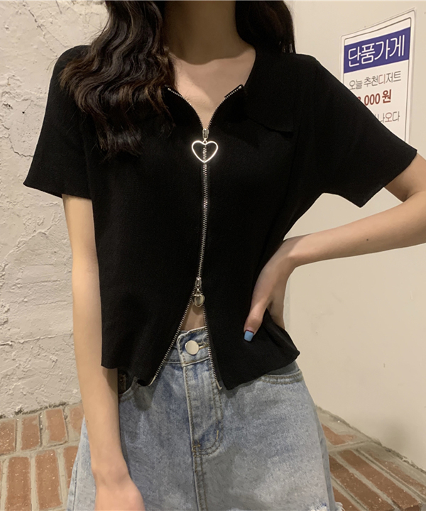 포앤바이앤 4colors 투웨이 집업 니트탑 더블지퍼 카라넥 반팔 반소매 하트지퍼 일자핏 크롭 솔리드 단색 골지 니트티 캐주얼 깔끔한 힙한 스트릿 하이틴 고등학생