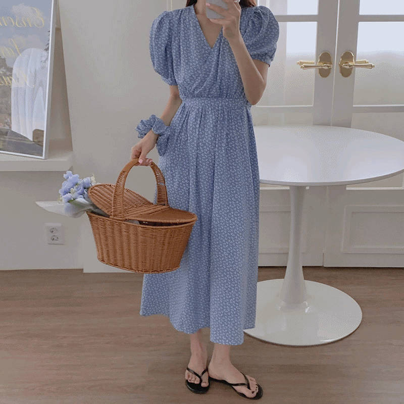 [마미] 사이언 플라워 브이넥 롱 원피스 머리끈 세트