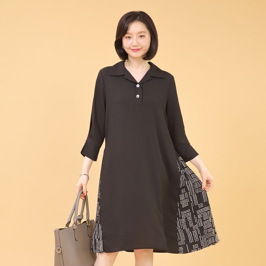 애비뉴투지 엄마옷 빌리브 카라 프린트 배색 여성 봄 여름 칠부 롱 정장 원피스 K07346 50대 60대