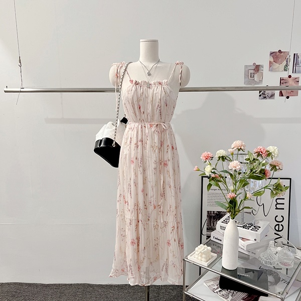 페미닌바캉스룩 여름 디어 리본 셔링 프릴 플라워 나염 스퀘어넥 벨트 허리끈 스트랩 A라인 플레어 플리츠 주름 머메이드 캉캉 슬립 뷔스티에 나시 롱 원피스