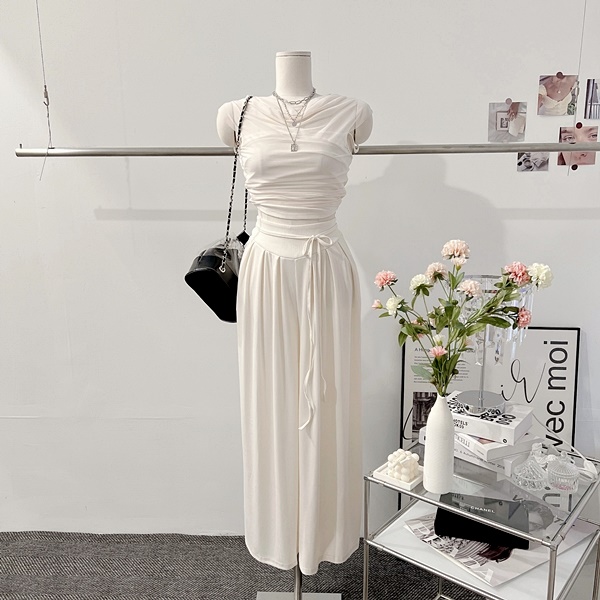 이프유마인 나시팬츠set페미닌 여름 허밍 크롭 쉬폰 시스루 셔링 프릴 드레이프 슬립 나시 블라우스 리본 스트랩 밴딩 핀턱 와이드 슬랙스 팬츠 투피스 세트