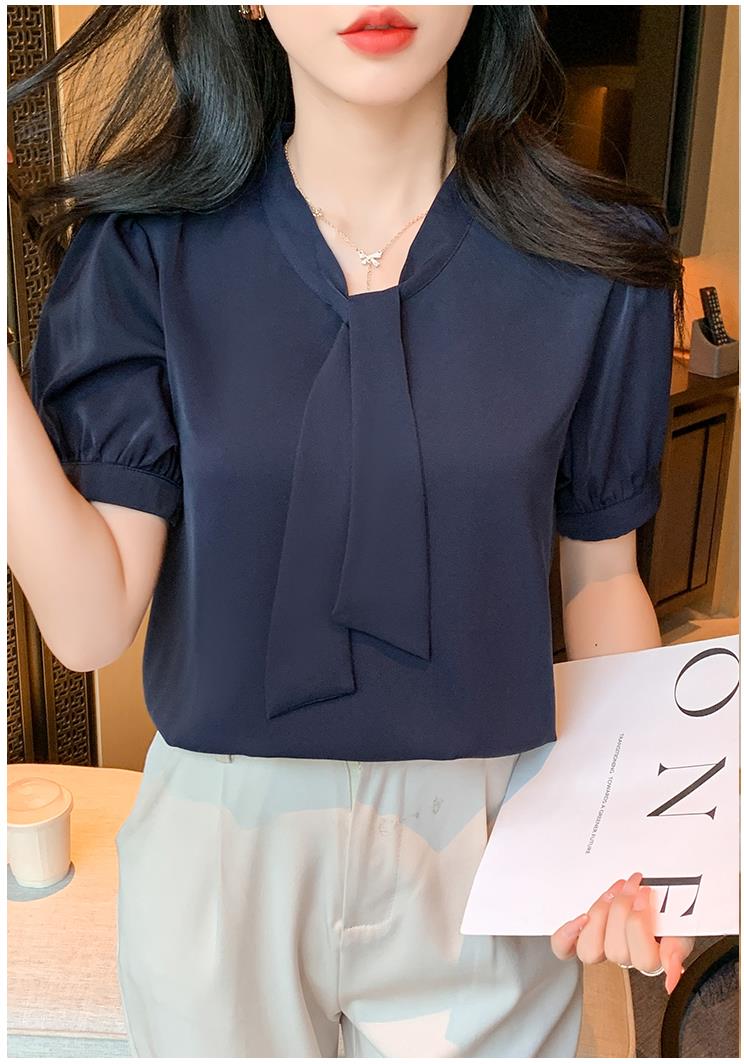 베이지하루 타이넥 반팔 블라우스 셔링 소매 주름 슬림핏 여름 가을 간절기 여성 여자 반팔 셔츠 실크 남방 정장 세미룩 기본 단추 탑 상의 하객룩 결혼식 피로연 상견례 모임