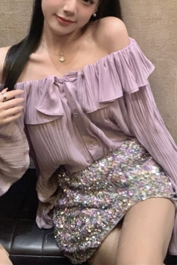 핑크프릴 Set 오프숄더 구김이 긴팔 롱슬리브 플리츠 블라우스 탑 스팽글 미니 스커트 투피스 세트