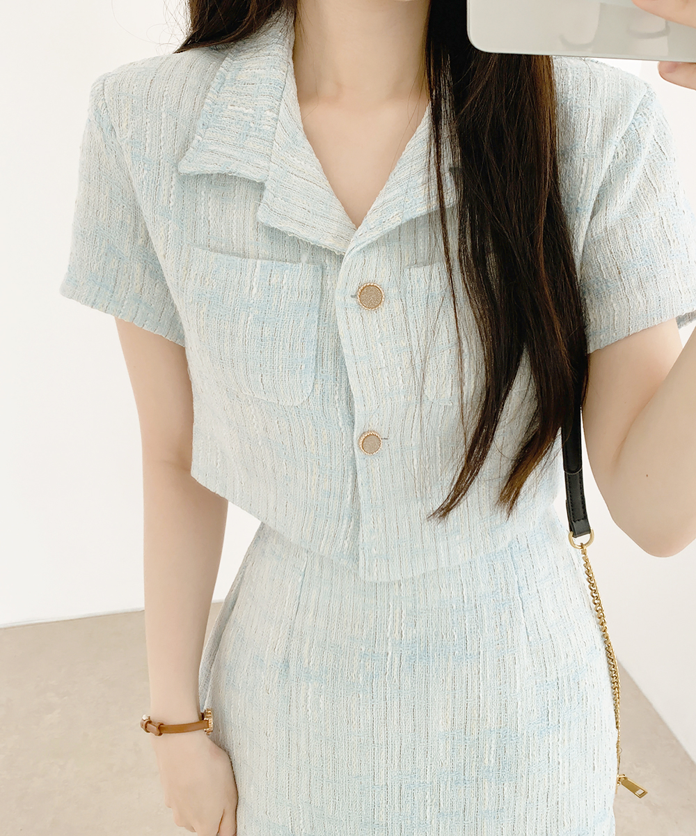 조이얼랏 Made Set 코튼 트위드 짜임 하운드투스체크네이비베이지핑크민트그린블루 크롭 숏 반팔 여름 자켓 미니 스커트 치마 투피스 세트 셋업 Set 하객