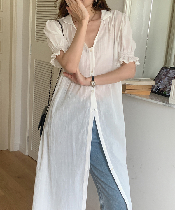 포앤바이앤 화이트 블라우스 원피스 브이넥 오픈카라 주름 퍼프 벌룬소매 프릴 루즈핏 하이웨스트 앞단추 일자라인 롱 원피스 레이어드 코디템 캐주얼 깔끔한 대학생 캠퍼스룩