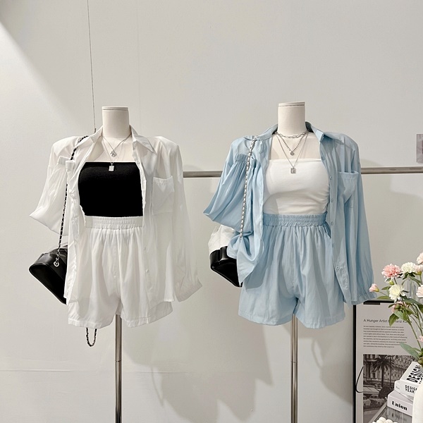 셔츠반바지set페미닌 여름 손목 밴딩 오버핏 실키 새틴 쉬폰 시스루 셔츠 블라우스 밴딩 와이드 반바지 숏팬츠 투피스