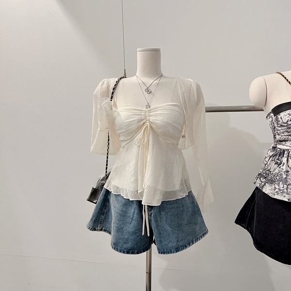 이프유마인 나시가디건set페미닌 여름 랑드 지짐이 요루 쉬폰 시스루 크롭 볼레로 가디건 홀터넥 리본 스트랩 셔링 프릴 튜브탑 나시 블라우스 투피스 세트