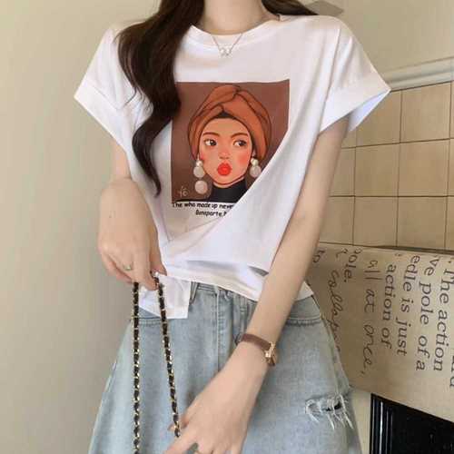 저스트메리드 화이트 우먼 프린팅 여성 캐주얼 언발 밑단 반팔 티셔츠 J13