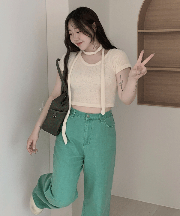 하비언니 #10919, [SET] 소프트 슬림핏 스판 크롭 머플러 U넥 반팔t : 4color