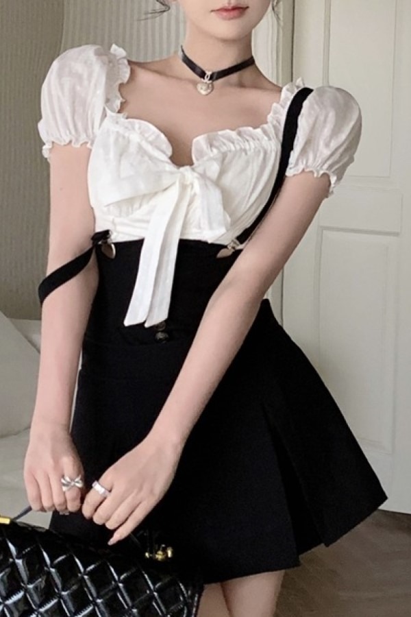 핑크프릴 Set 아키 프릴 스퀘어넥 버블 반팔 블라우스 탑 멜빵 하이웨스트 미니 스커트 투피스 세트