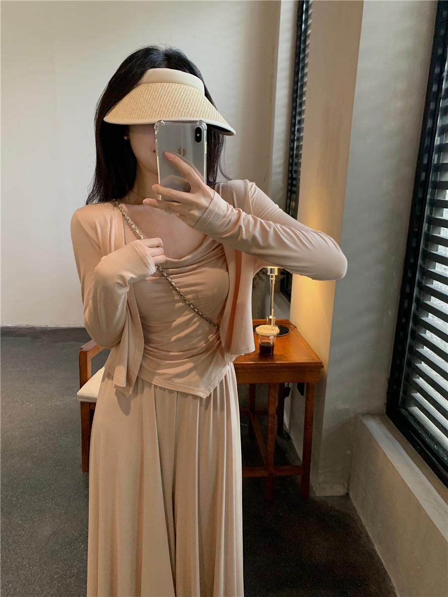 Set 상품 뷔에스트 민소매 셔링 주름 슬림핏 숏기장 언발 나시 하이웨스트 허리밴딩 주름 플레어 와이드 롱팬츠 슬림핏 숏기장 크롭 긴팔 가디건 세트 상품 청순 베이직