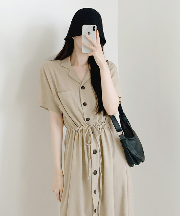 허리스트링 카라 반팔 자켓 원피스 롱원피스 테일러카라 앞단추 긴원피스 옆트임 얇은 매일입기좋은 데일리원피스 출근룩 오피스룩