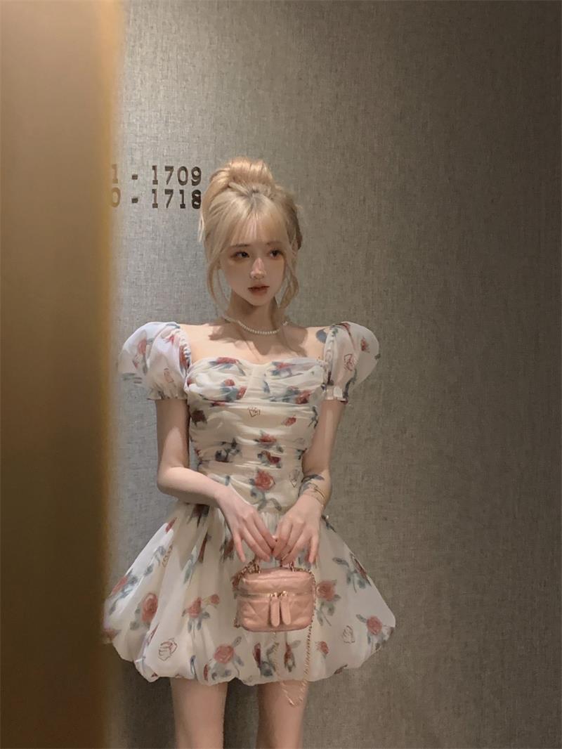 어깨 퍼프 스퀘어넥 셔링 미니 나염 플라워 프린팅 쉬폰 샤틴 여리핏 섹시 글램 파티 드레스 원피스