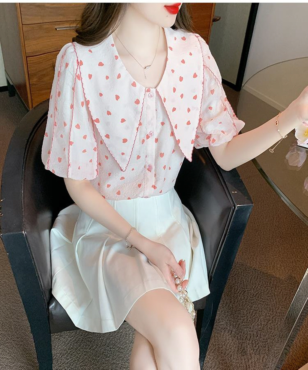 베이지하루 빅카라 반팔 블라우스 프린트 슬림핏 퍼프 소매 셔링 여름 가을 간절기 여성 여자 셔츠 남방 탑 상의 하객룩 결혼식 피로연 상견례 모임 30대 40대 레이디 단정한