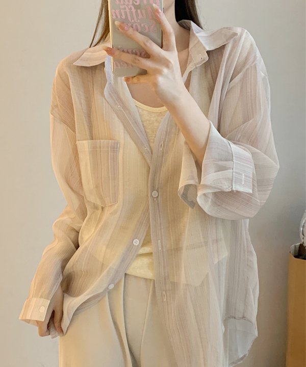 ★이너 나시탑 포함★ 오버핏 시스루 살안타 여름 긴팔 셔츠 스탠 카라 로우숄더 루즈핏 스트라이프 비치는 긴소매 셔츠 사무실 에어컨 데일리룩 출근룩 휴가룩 여행룩