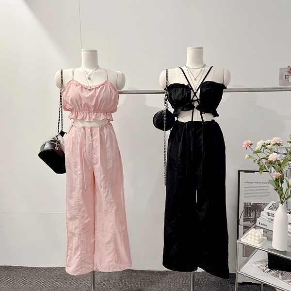 이프유마인 나시팬츠set하이틴 여름 슈퍼샤이 X 크로스 스트랩 백트임 셔링 프릴 튜브탑 크롭 나시 블라우스 슬리브리스 밴딩 스트링 핀턱 와이드 팬츠 투피스 세트