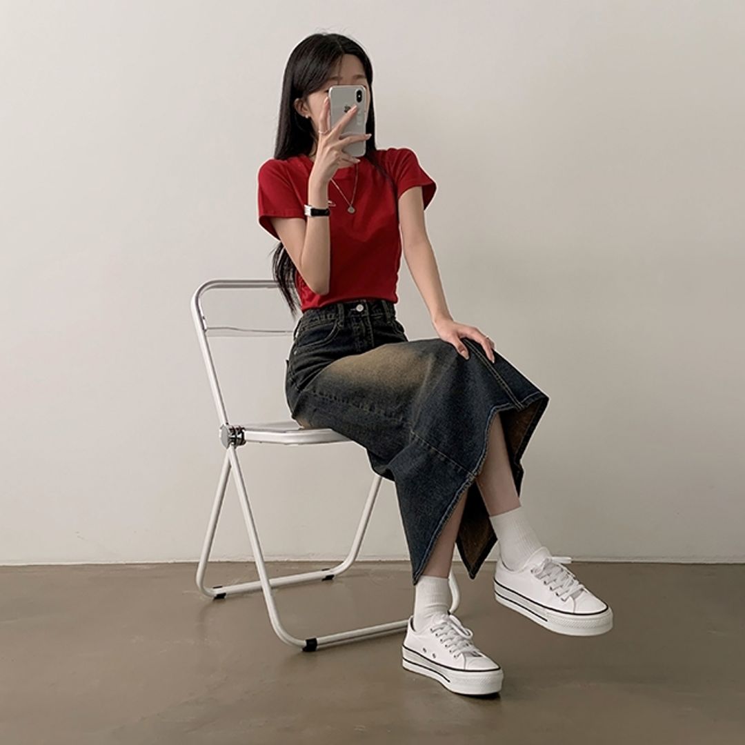 데님스커트뒷트임빈티지무드 앤디 뒷트임 빈티지 워싱 데님 롱 스커트 2color