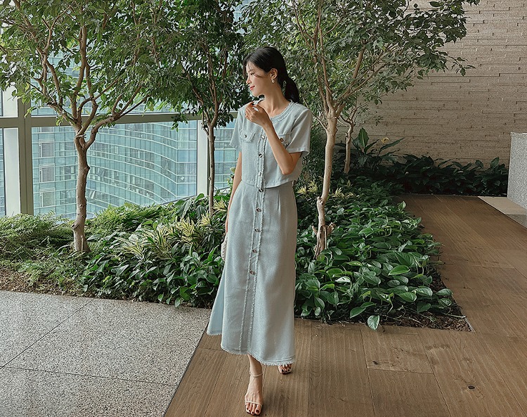 리리앤코 무료배송 누아브린 트위드 크롭 뒷밴딩 머메이드 투피스 세트 여름 신상 썸머룩 데일리룩 여행룩 휴가룩 빅사이즈 하객룩 출근룩 격식룩 노카라 라운드넥 크롭자켓