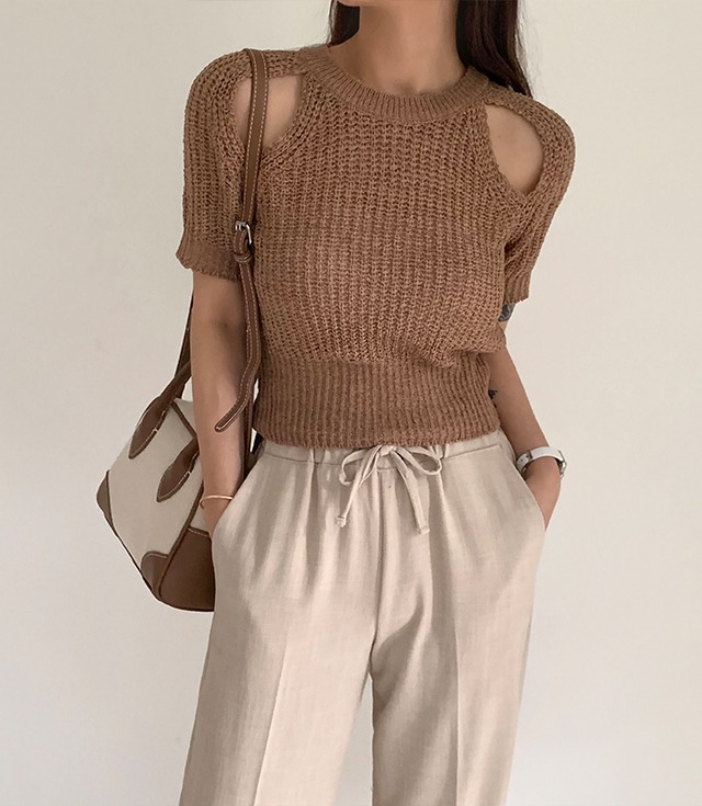 삐뽕언니 포인트룩 로잇 어깨트임 반팔니트5color 라운드넥 여름 얇은원단 시스루 그물 절개 숄더 뜨개 세미크롭 래글런