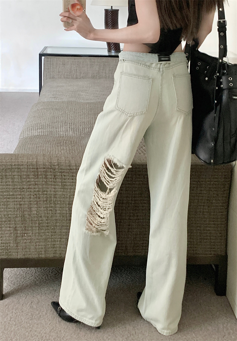 더블제이 [힙한/트렌디한/유니크/Y2K/MZ/코디] 백 데미지 연청 와이드 루즈 핏 롱 기장 팬츠 PT