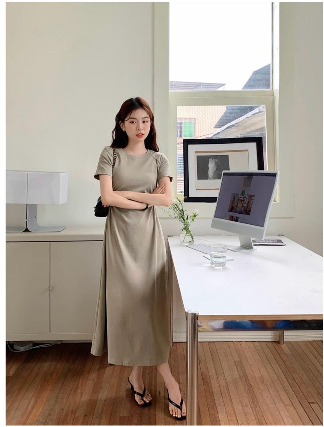 허리셔링 롱원피스 코튼 라운드넥 반팔 슬림핏 주름 여름 가을 간절기 홈웨어 빅사이즈 바캉스룩 리조트룩 여행 비치 휴양지옷 동남아