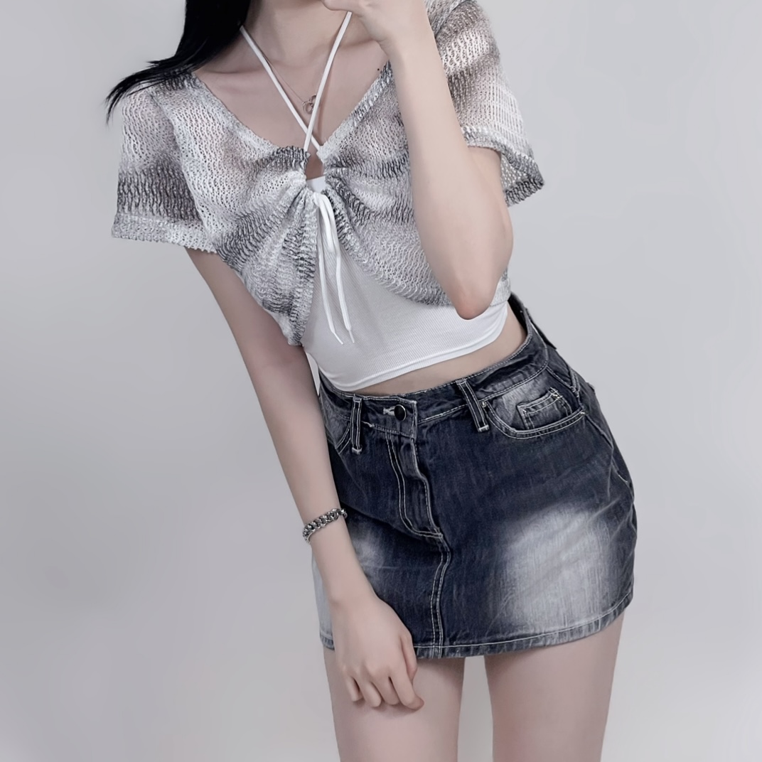 원트 [무료배송 ][유니크/2col] 타이다이 물나염 배색 셔링 리본 끈 매듭 크로스 X 그물 시스루 크롭 CROP 반팔 티셔츠 T 가디건 데일리 트렌디 페미닌 빈티지 존예 ...