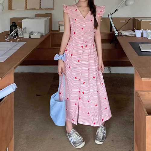 저스트메리드 레드 스트라이프 줄무늬 하트 프린팅 브이넥 롱 원피스 J30