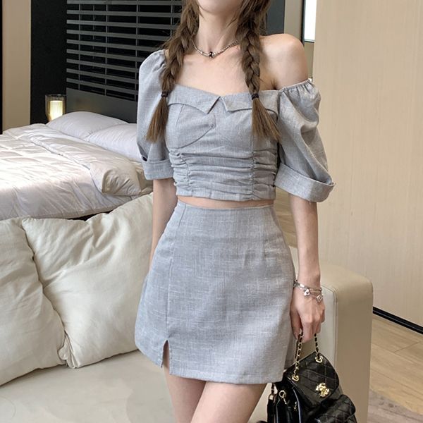 코지문 코디세트오프숄더 셔링 크롭 블라우스하이웨스트 미니스커트 투피스 세트 코디셋업룩 셋업세트룩 소개팅룩 데일리룩