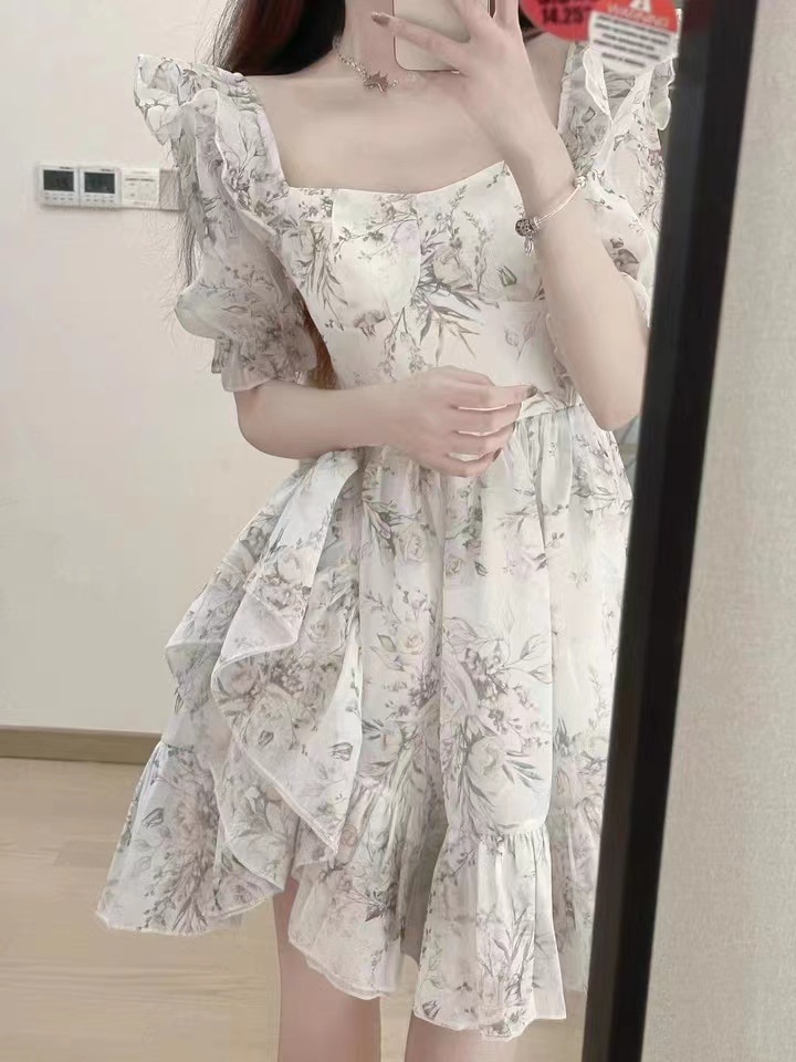 비스켓바스켓 러블리 쉬폰 나염 시스루 데이트룩 데이트코디 여리 여신룩 여친룩 반소매 반팔 퍼프숄더 미니 원피스