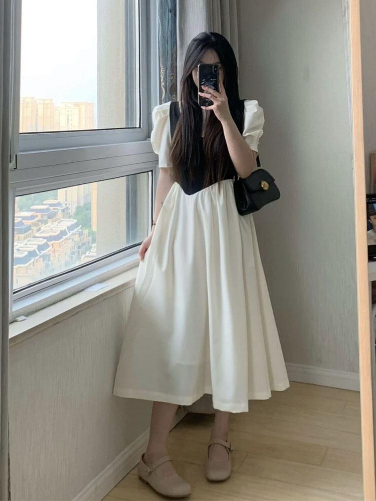 비스켓바스켓 퍼프숄더 바스트 조끼 포인트 페이크 조끼 뷔스티에 A라인 롱 편안한 데일리 원피스